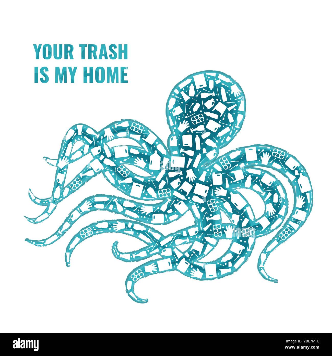 Stop ocean plastic pollution concept illustration. Octopus marine ...