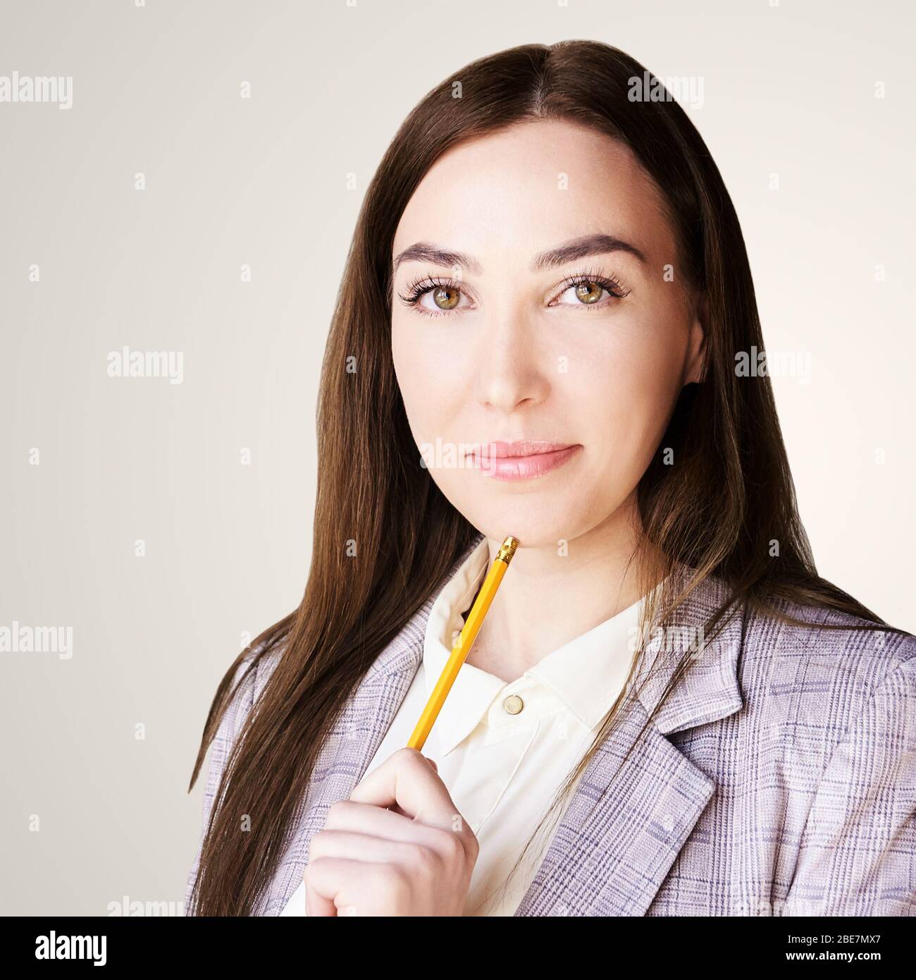 Woman write with pencil and notepad. Student think about university ...