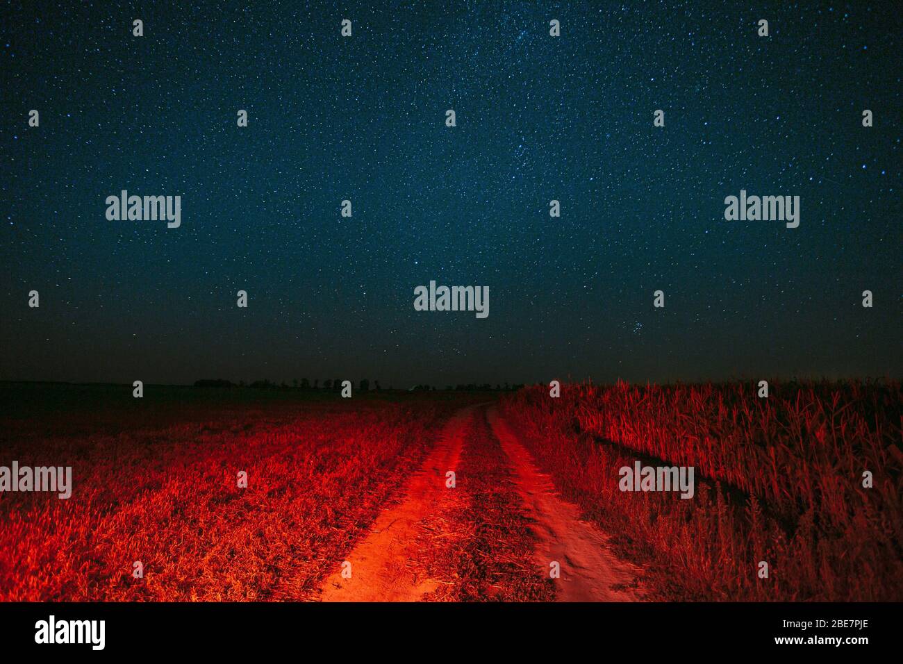 Night Starry Sky With Glowing Stars Above Country Road Is Lit In Red ...