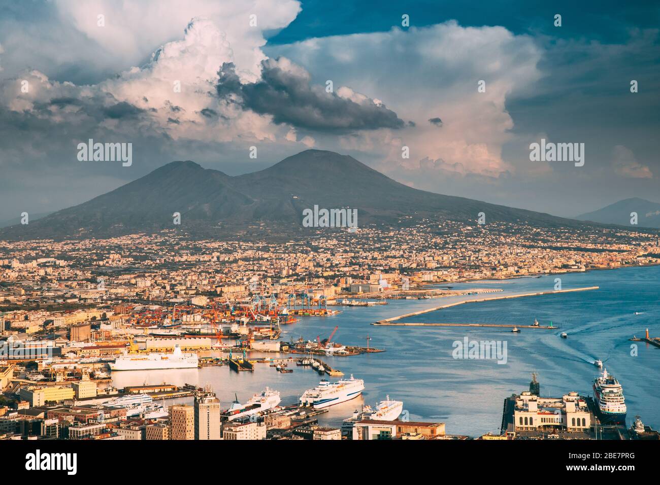 Naples, Italy. Top View Cityscape Skyline Of Naples With Mount Vesuvius ...