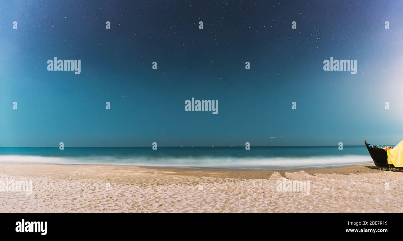 Real Night Sky Stars. Natural Starry Sky Blue Color Above Sea Seascape ...