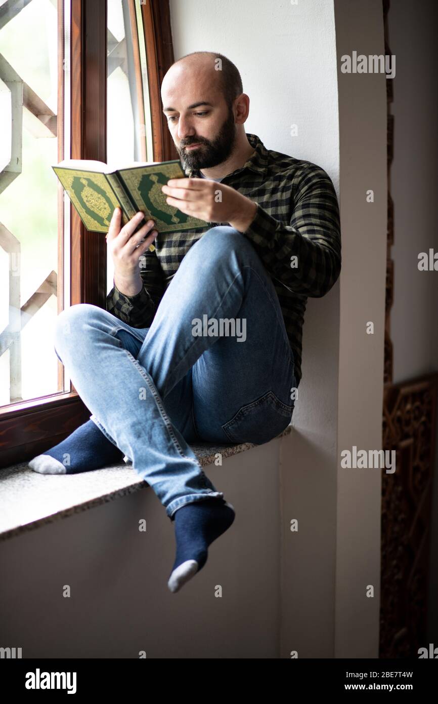 Beard Muslim Man Reading Holy Islamic Book Koran Stock Photo - Alamy