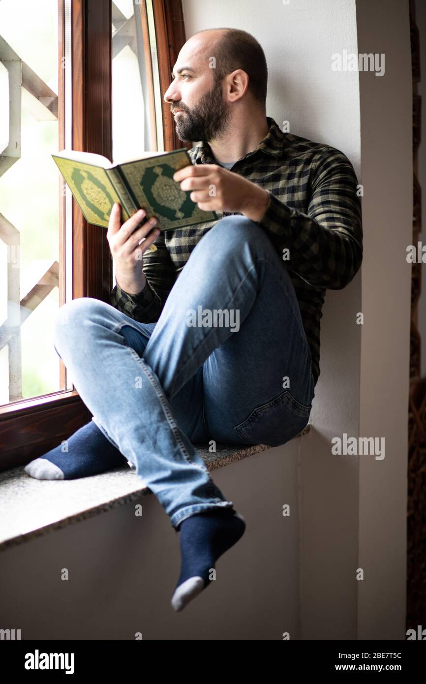 Beard Muslim Man Reading Holy Islamic Book Koran Stock Photo - Alamy
