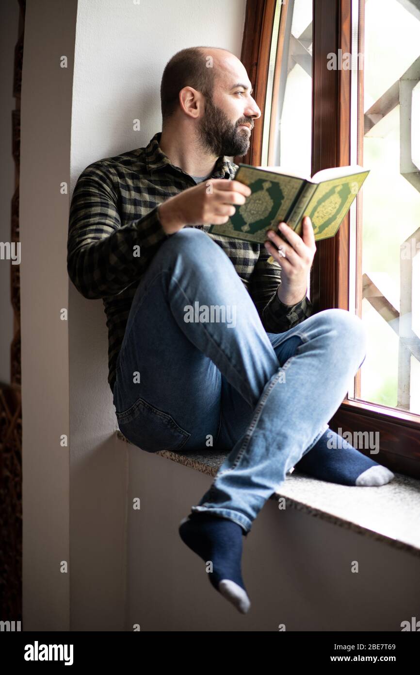 Beard Muslim Man Reading Holy Islamic Book Koran Stock Photo - Alamy