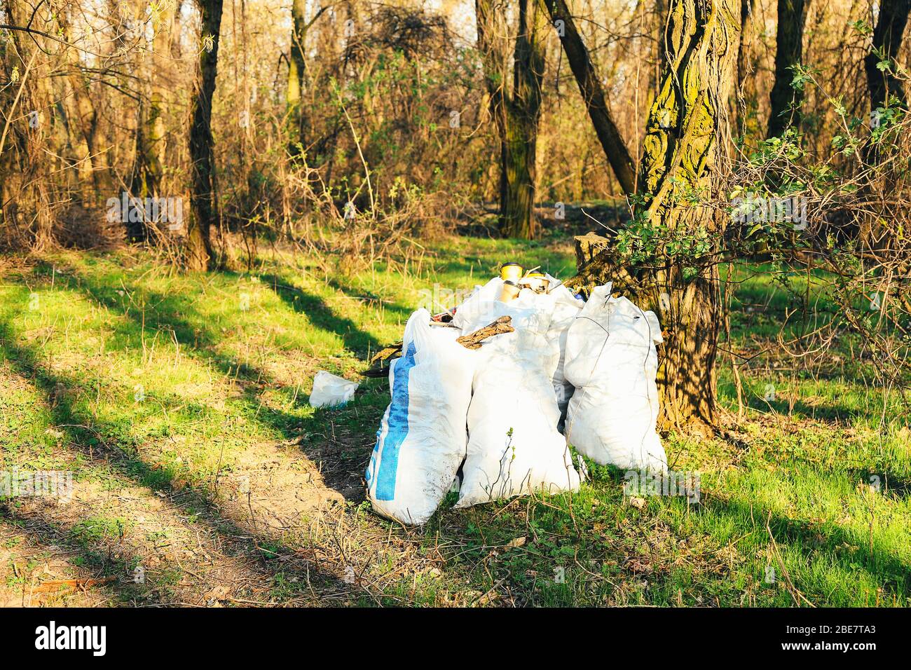 Pile of garbage in bags on green grass in the nature. Environment ...