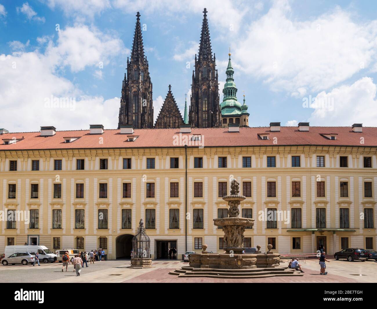 The second courtyard of Prague Castle and Kohl's Fountain. Spires and ...