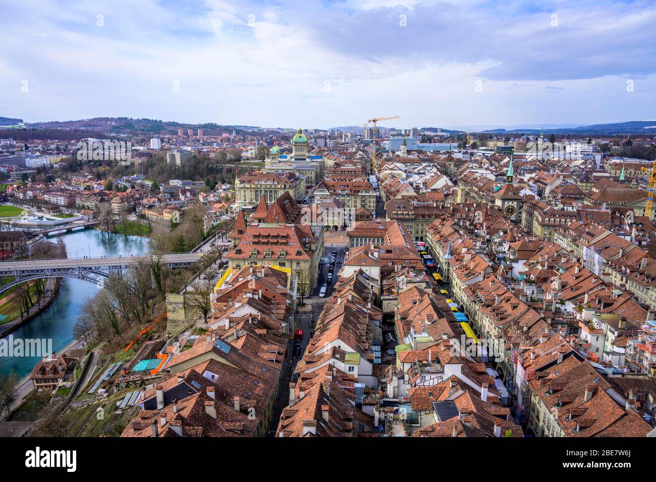 View from Bern Cathedral to the red tiled roofs of the houses in the ...