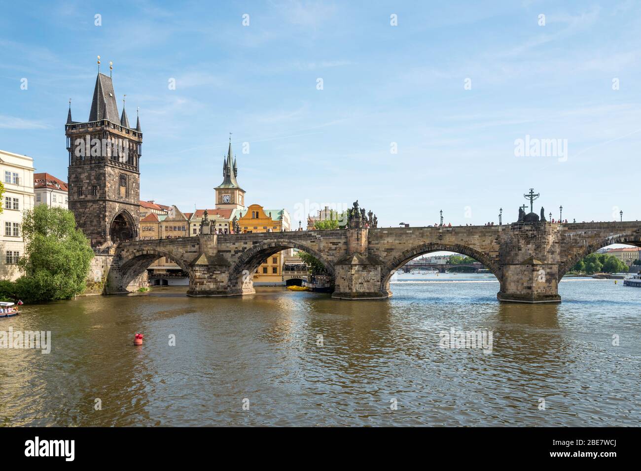 The Old Town (east) side of the gothic Charles Bridge in Prague, Czech ...