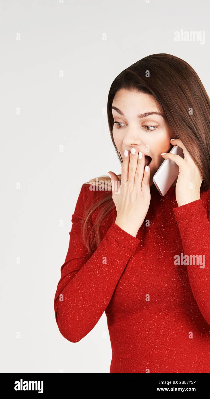 Pretty girl portrait. Woman talking by mobile phone. Cute conversation ...
