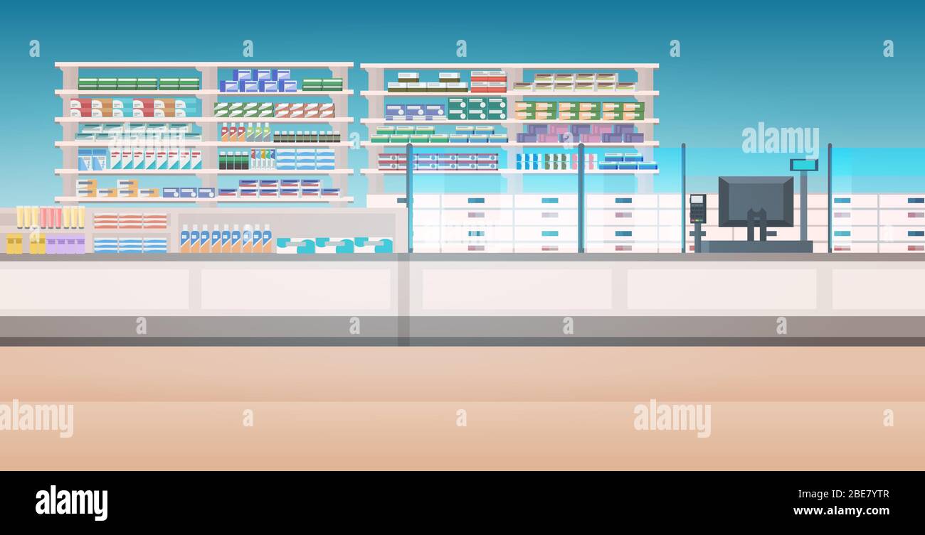 medicines arranged in shelves empty no people pharmacy modern drugstore ...