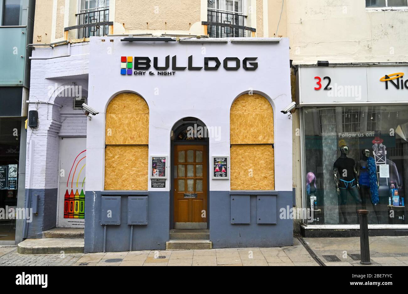 Brighton UK 13th April 2020 - Boarded up Bulldog pub in Kemp Town ...