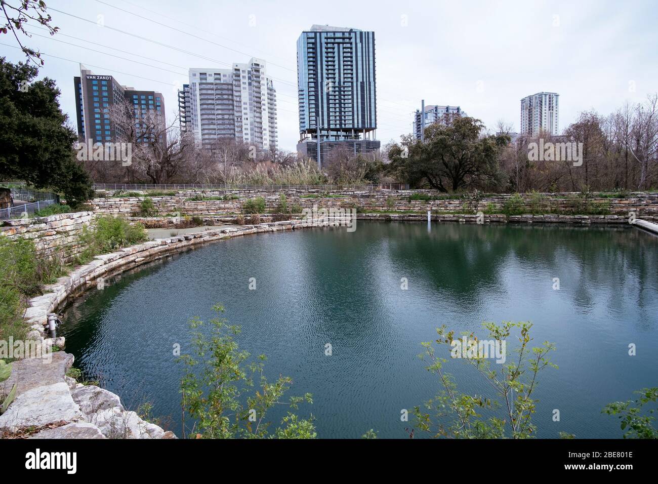 A view of the Colorado River seen from the shore of Austin, Texas Stock ...