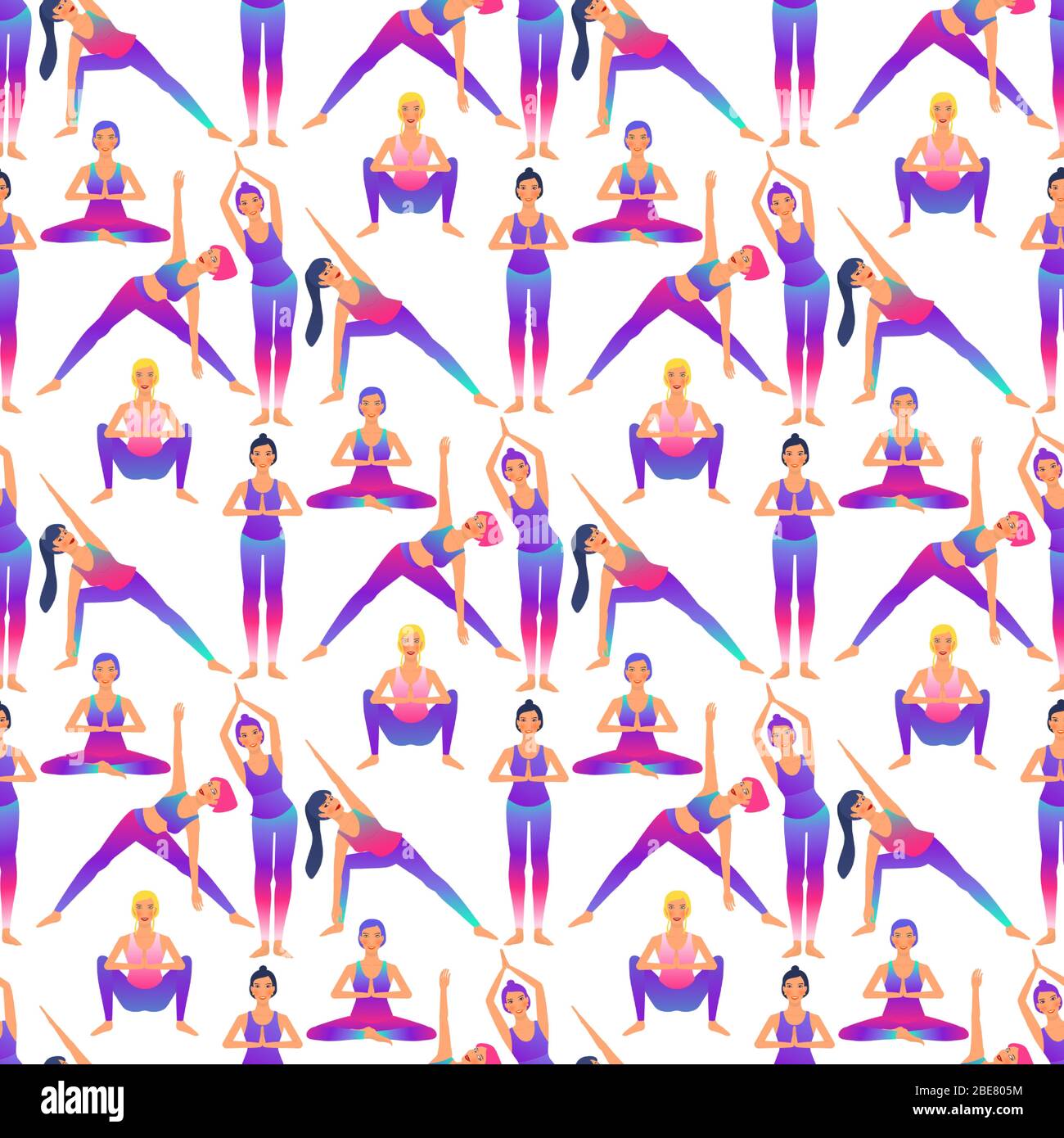 Seamless pattern with beautiful girls doing yoga poses. On white ...