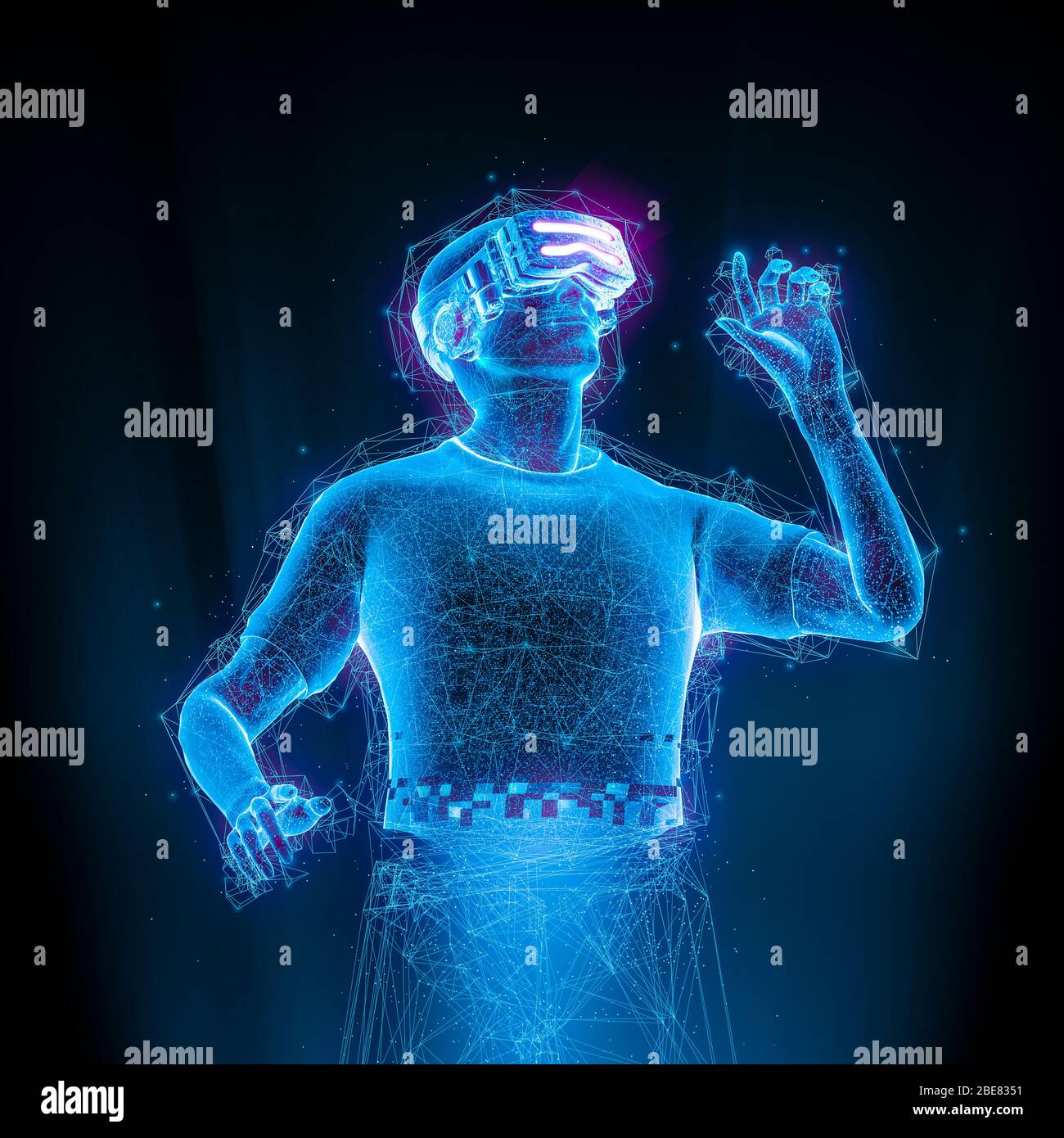 Virtual reality user upload / 3D illustration of man wearing VR glasses ...