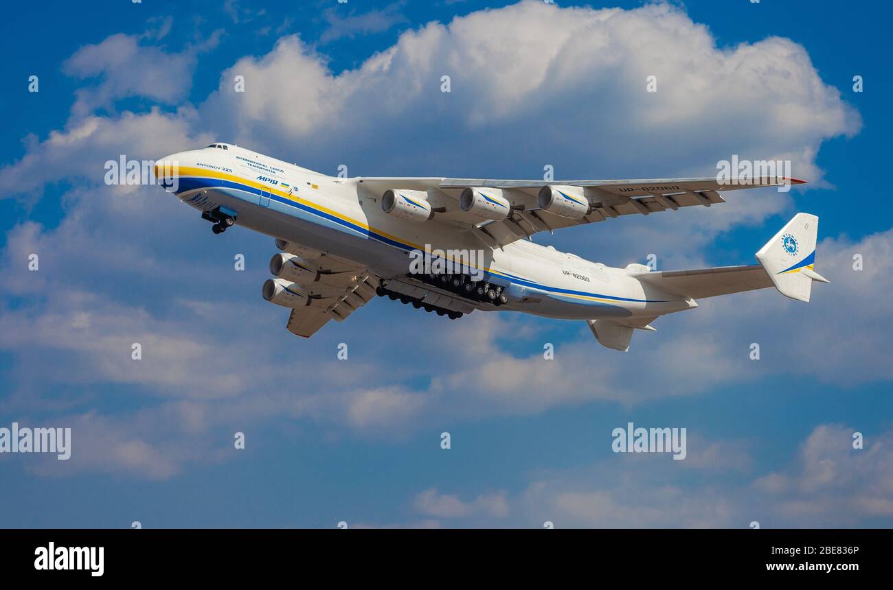 Gostomel, Ukraine - April 11, 2020: The plane Antonov 225 AN-225 Mriya ...