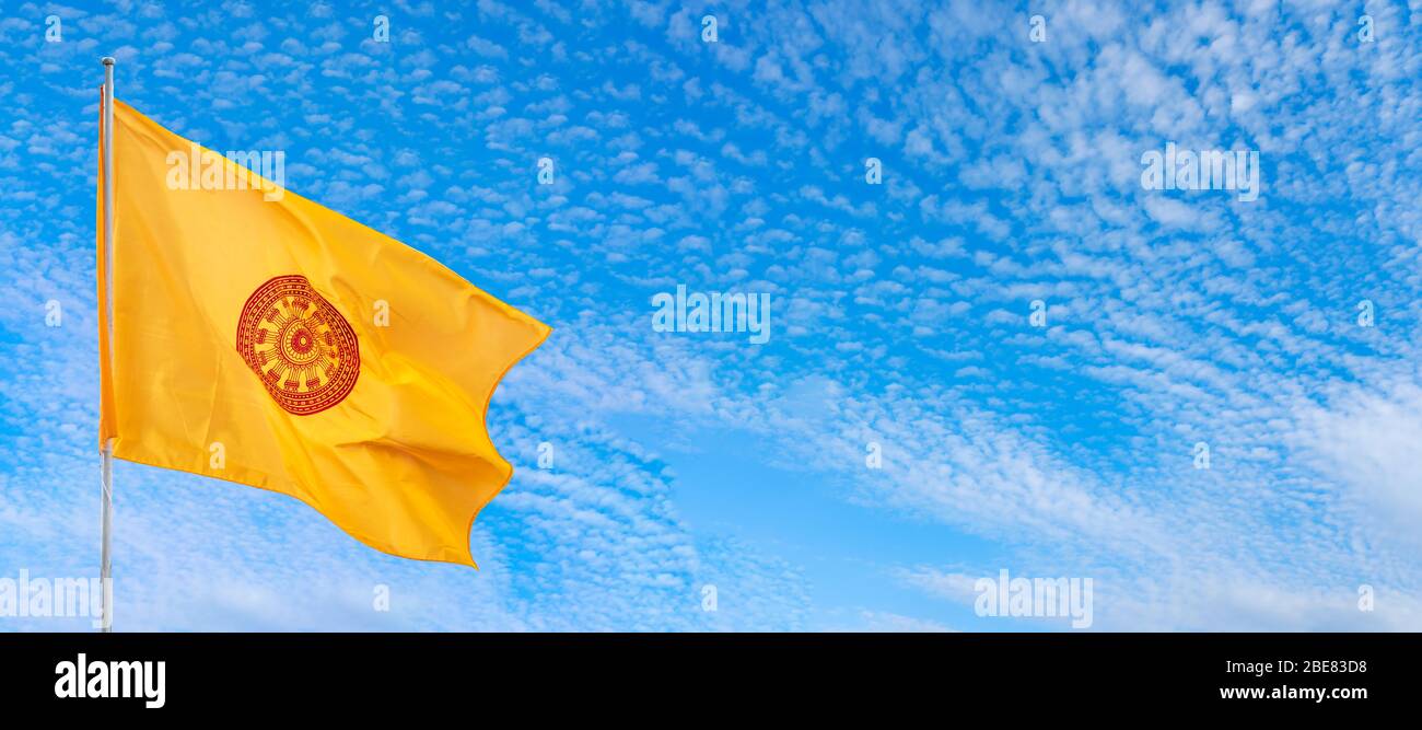Flag of Buddhism monastery, yellow Buddhism flag Stock Photo - Alamy