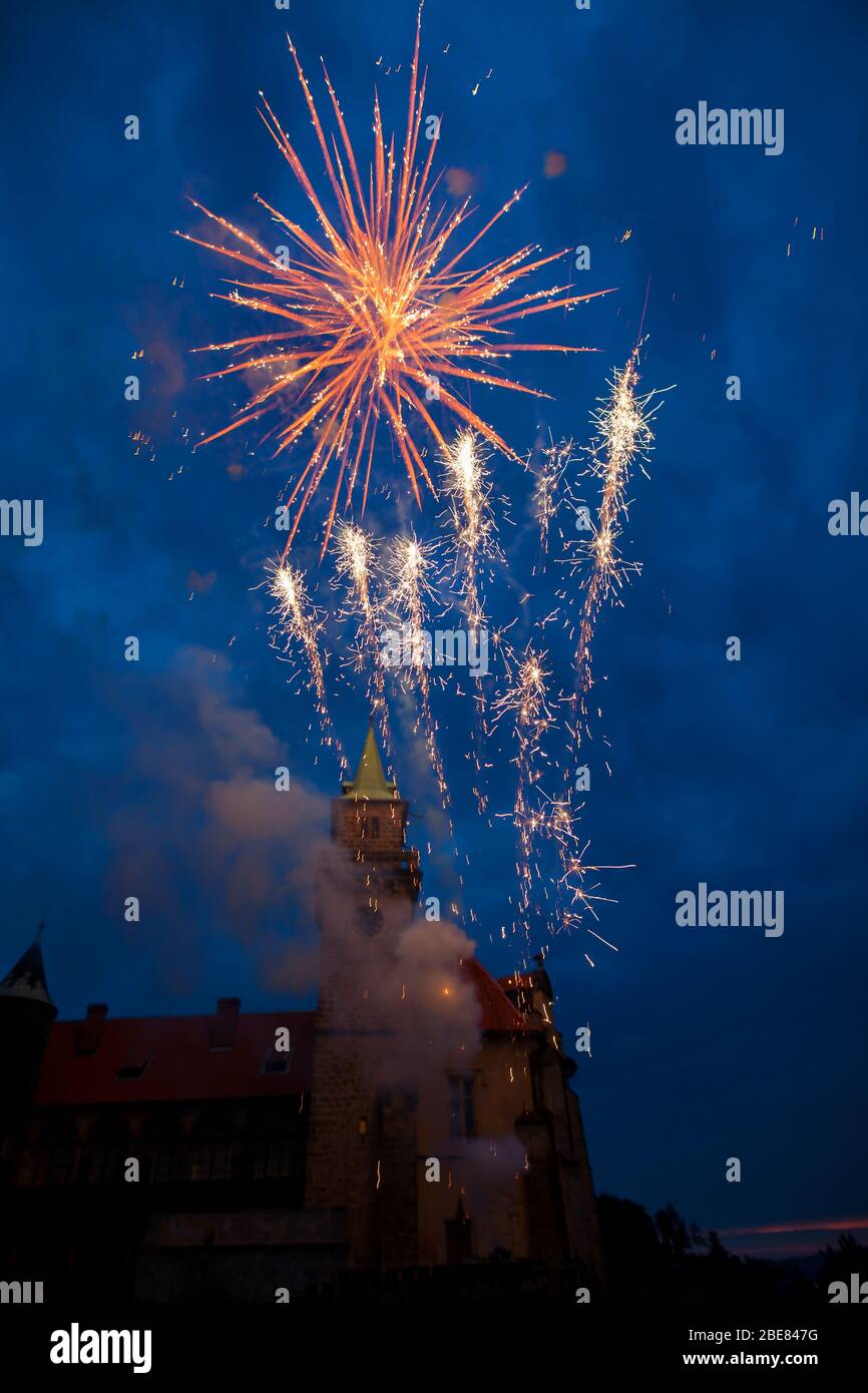 Castle night time and fireworks show Outside view Stock Photo - Alamy