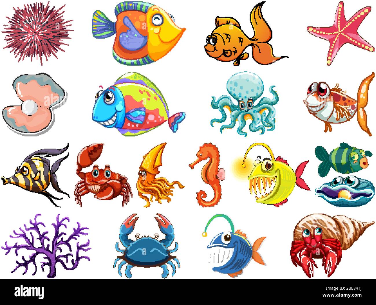 Large set of sea creatures on white background illustration Stock ...