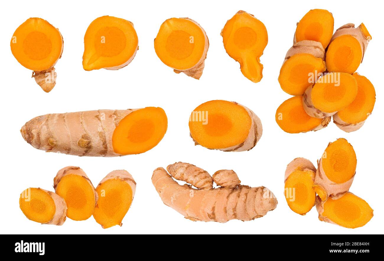 turmeric root and slices isolated on white background. Top view. Flat ...
