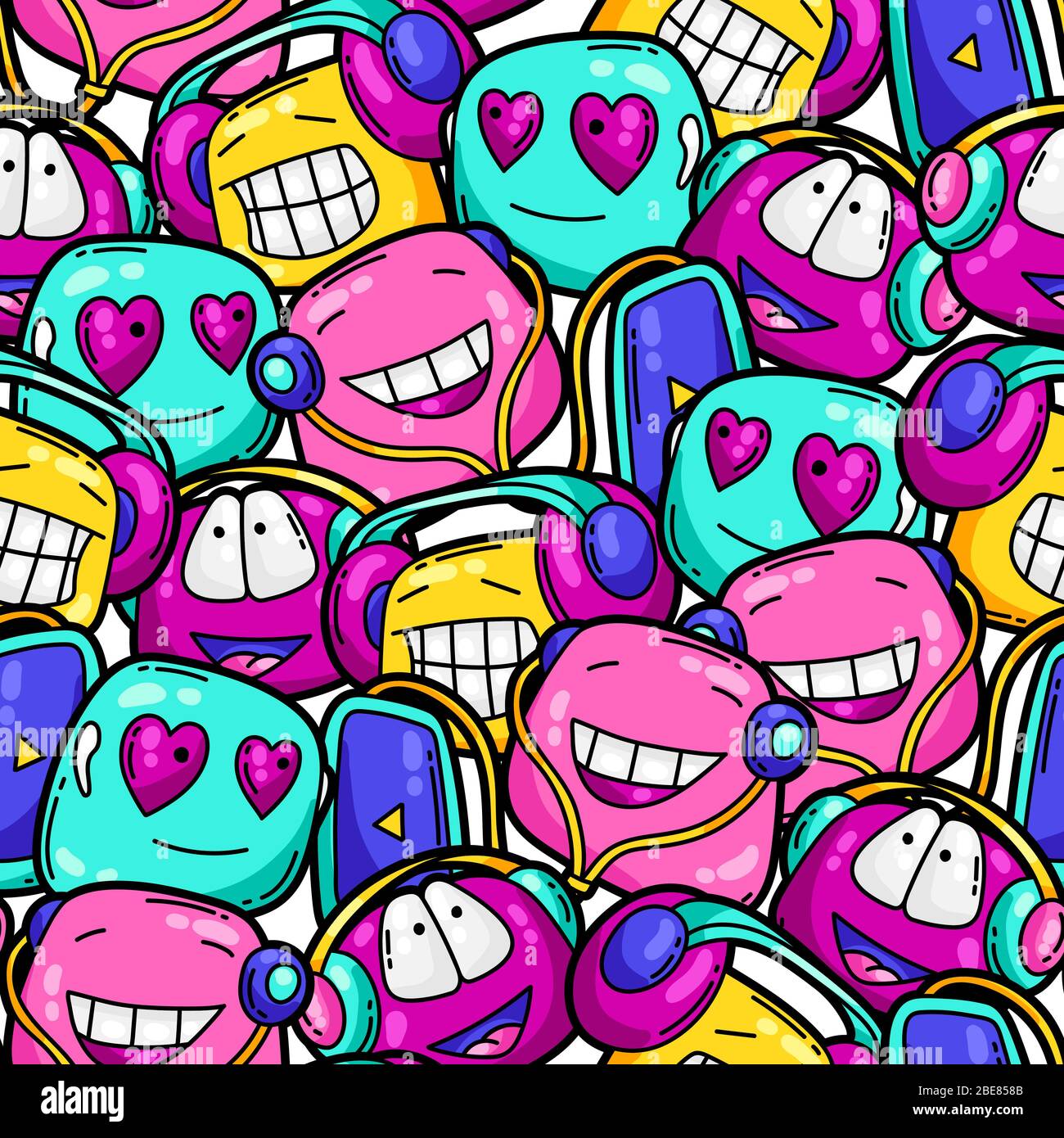 Seamless pattern of cartoon funny characters listening to music Stock ...