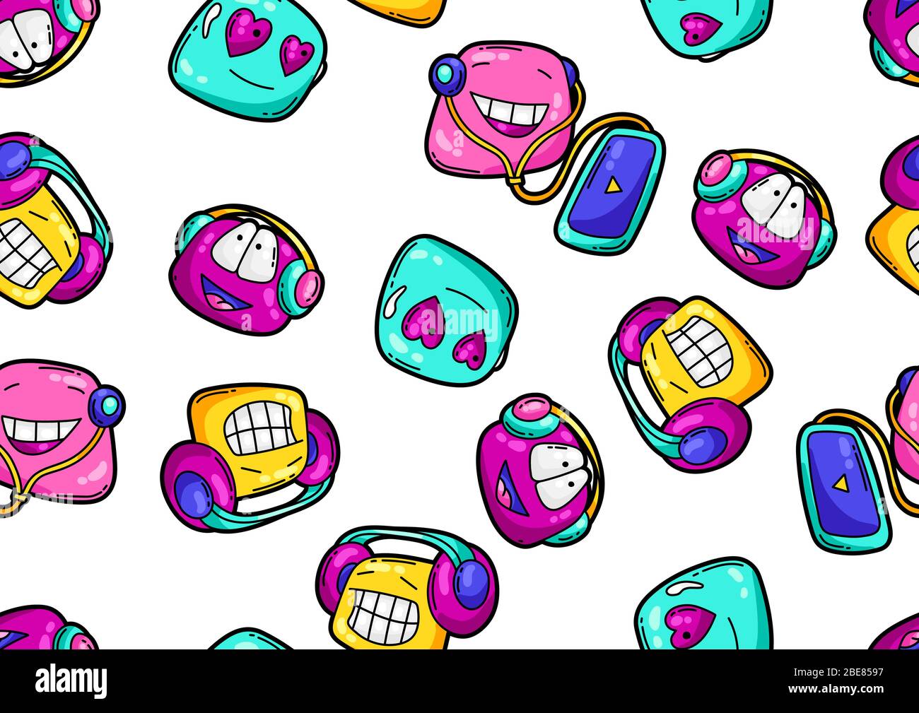 Seamless pattern of cartoon funny characters listening to music Stock ...