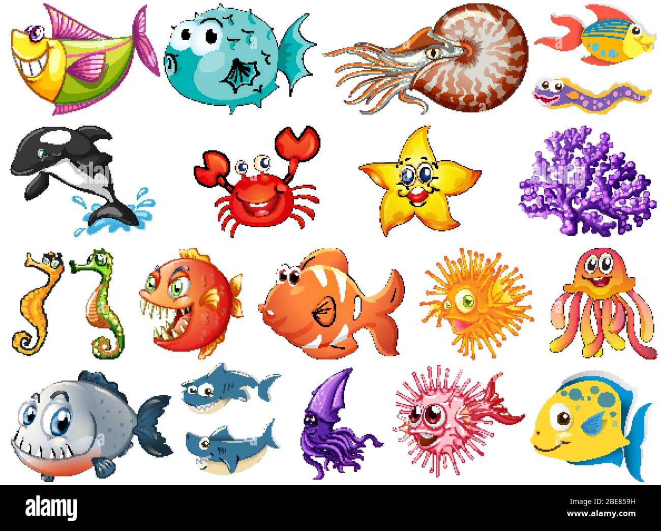 Large set of sea creatures on white background illustration Stock ...