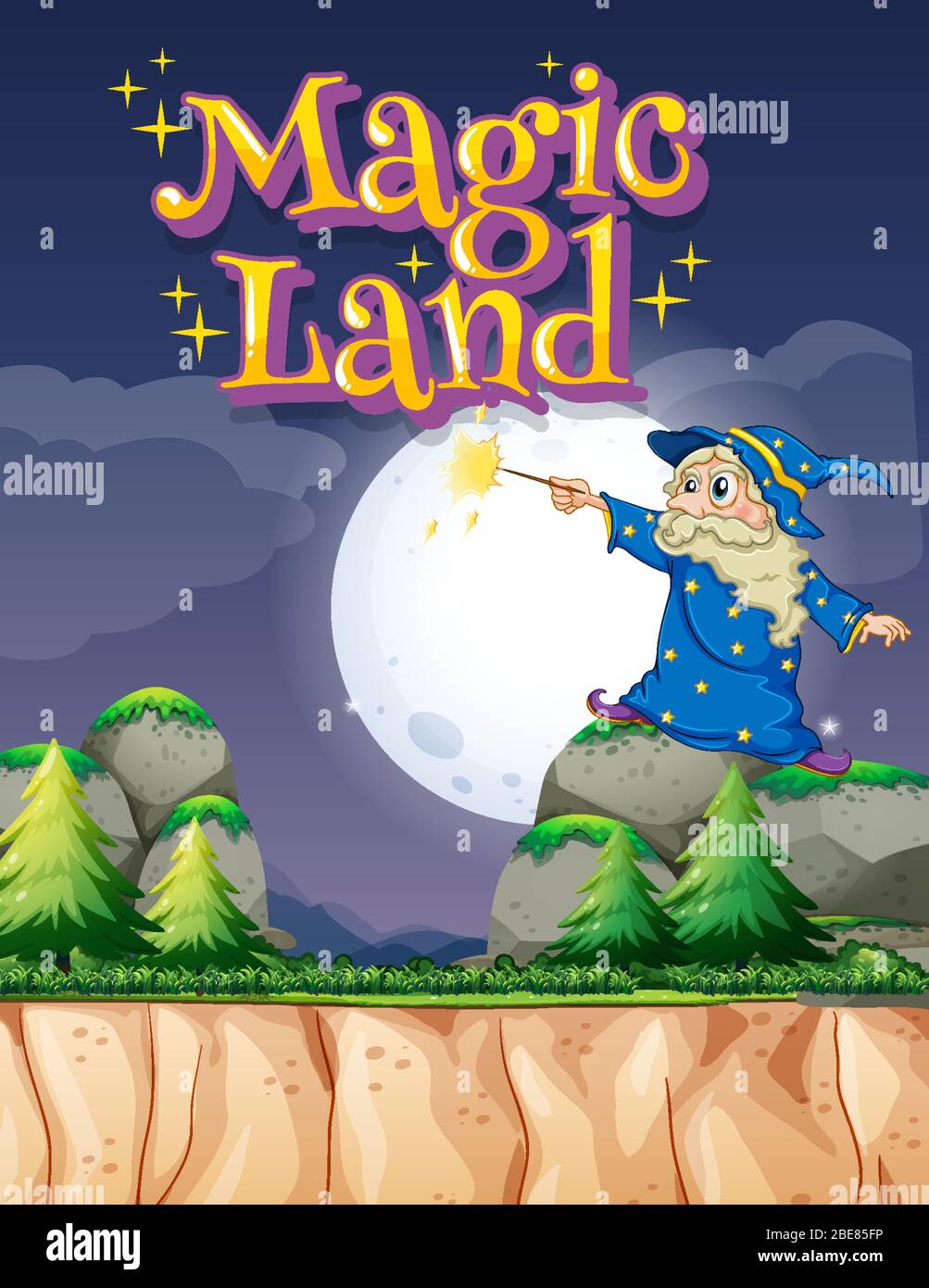 Poster design with word magic land and wizard on the mountain ...