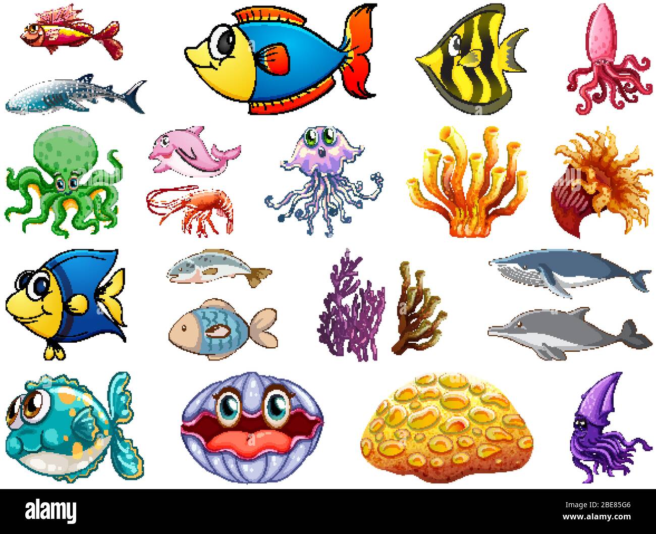 Large set of sea creatures on white background illustration Stock ...