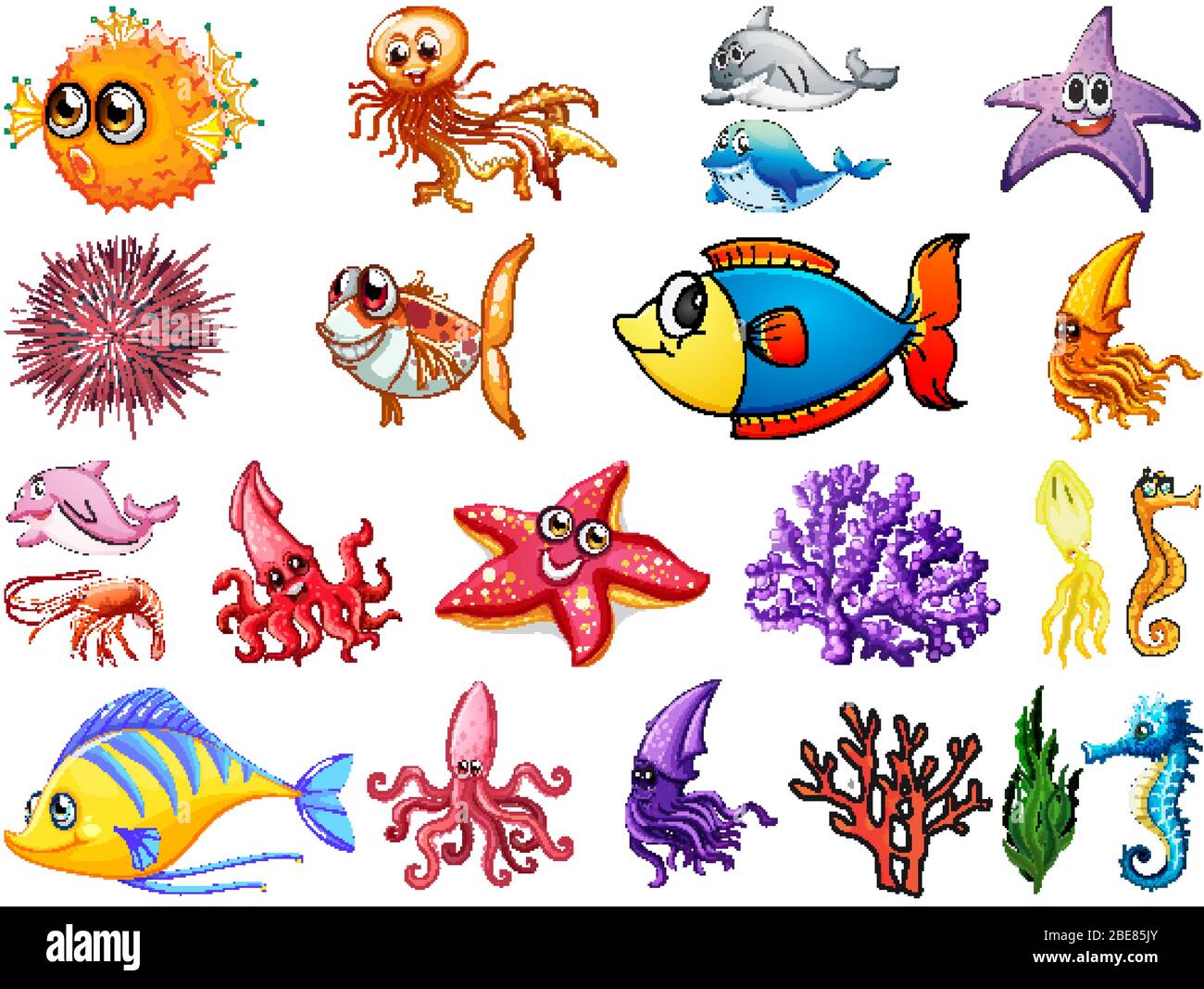 Large set of sea creatures on white background illustration Stock ...