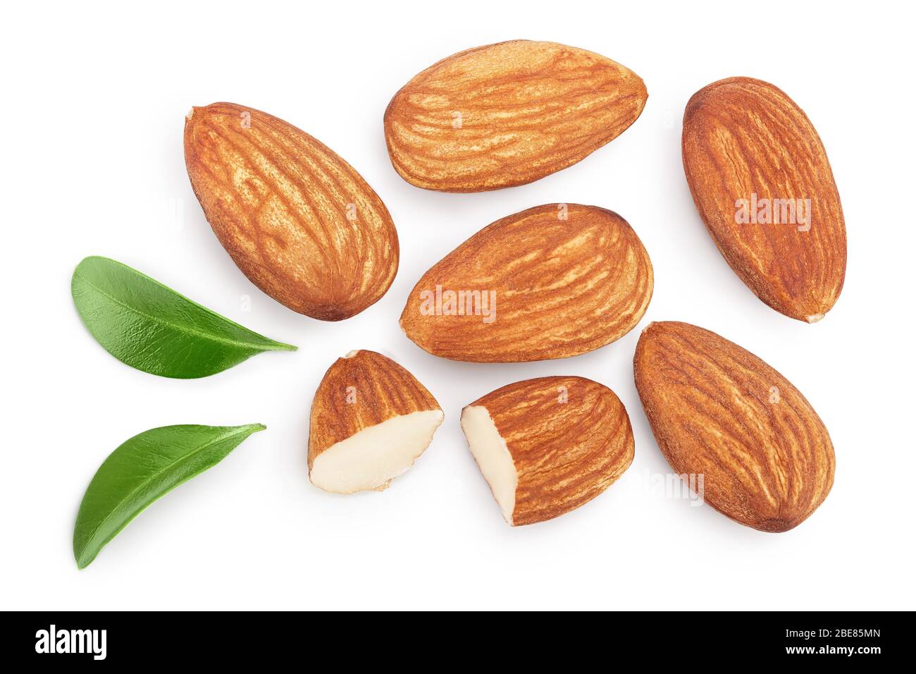 Almonds nuts with leaves isolated on white background with clipping ...