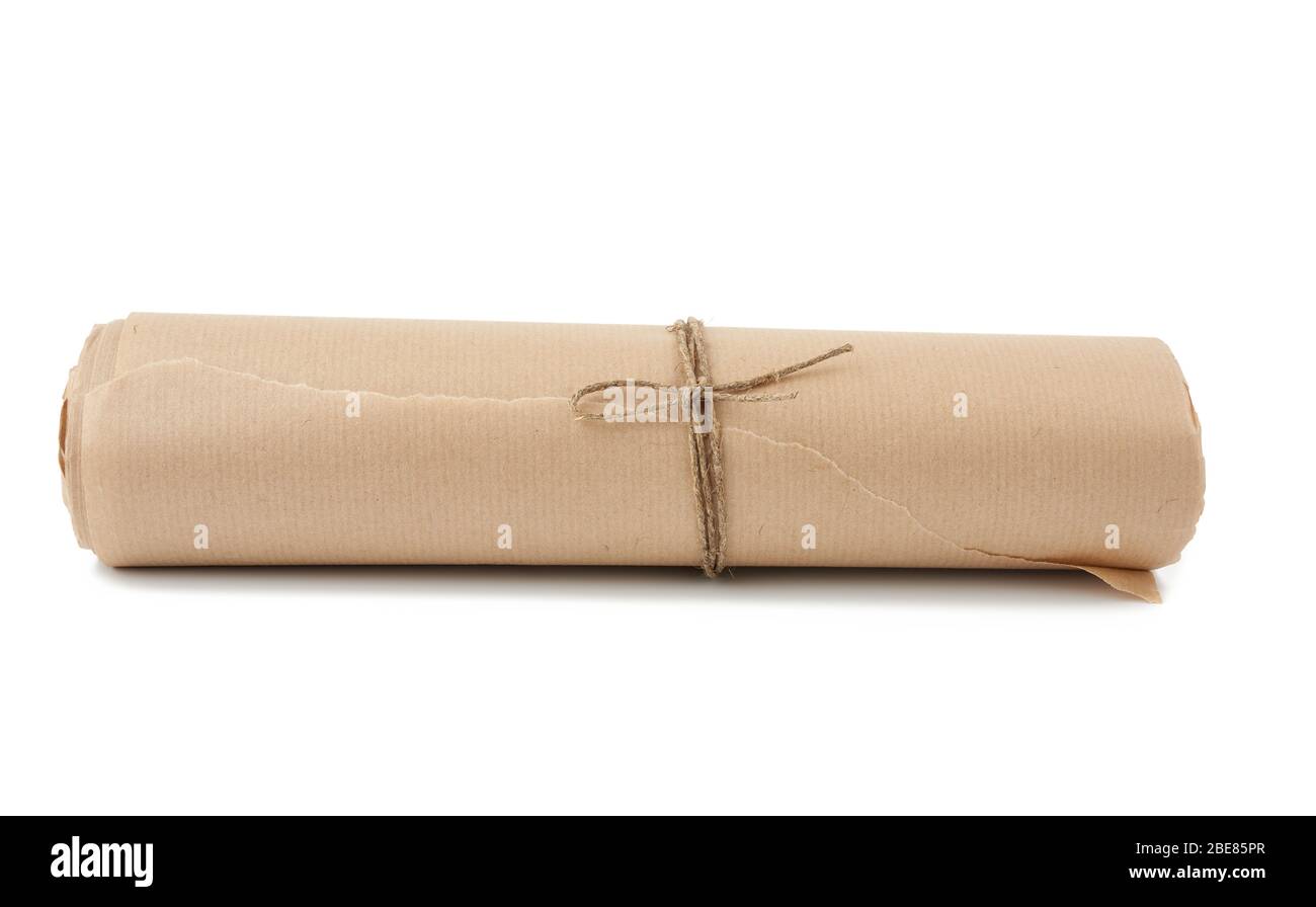 twisted roll of brown paper tied with a rope and isolated on a white ...