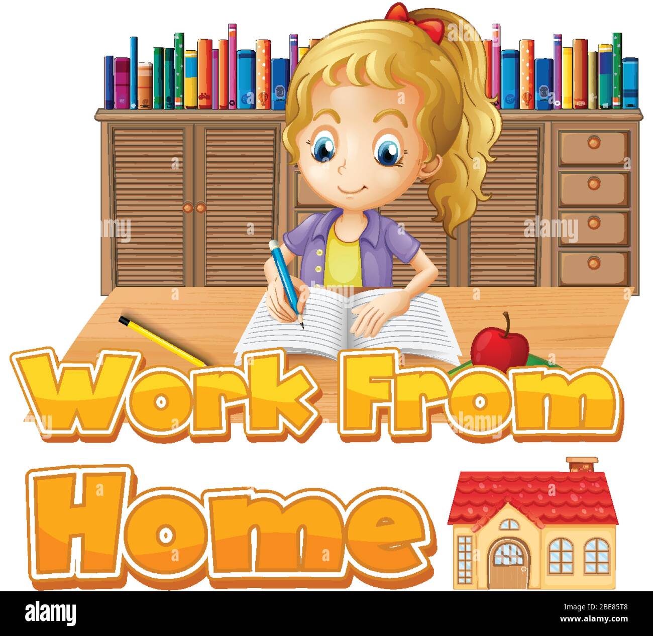 Font design for work from home with girl doing homework illustration ...