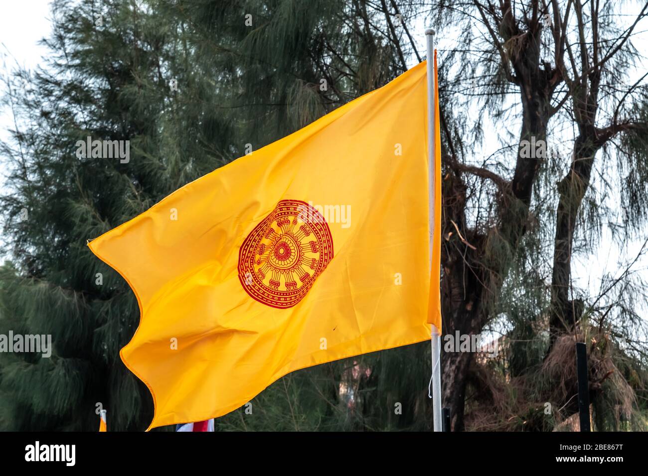 Flag of Buddhism monastery, yellow Buddhism flag Stock Photo - Alamy