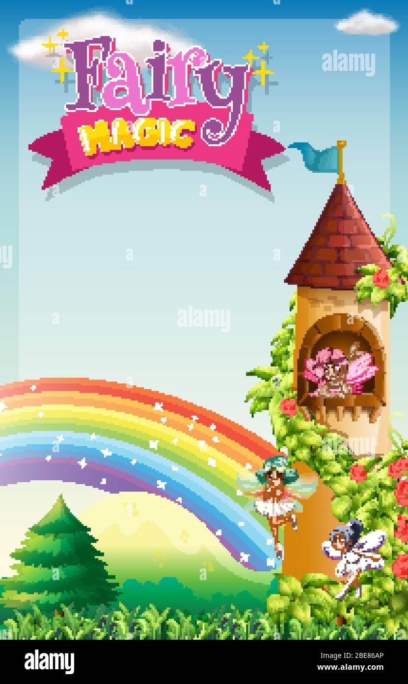 Font design for word fairy magic with fairies flying in the tower ...