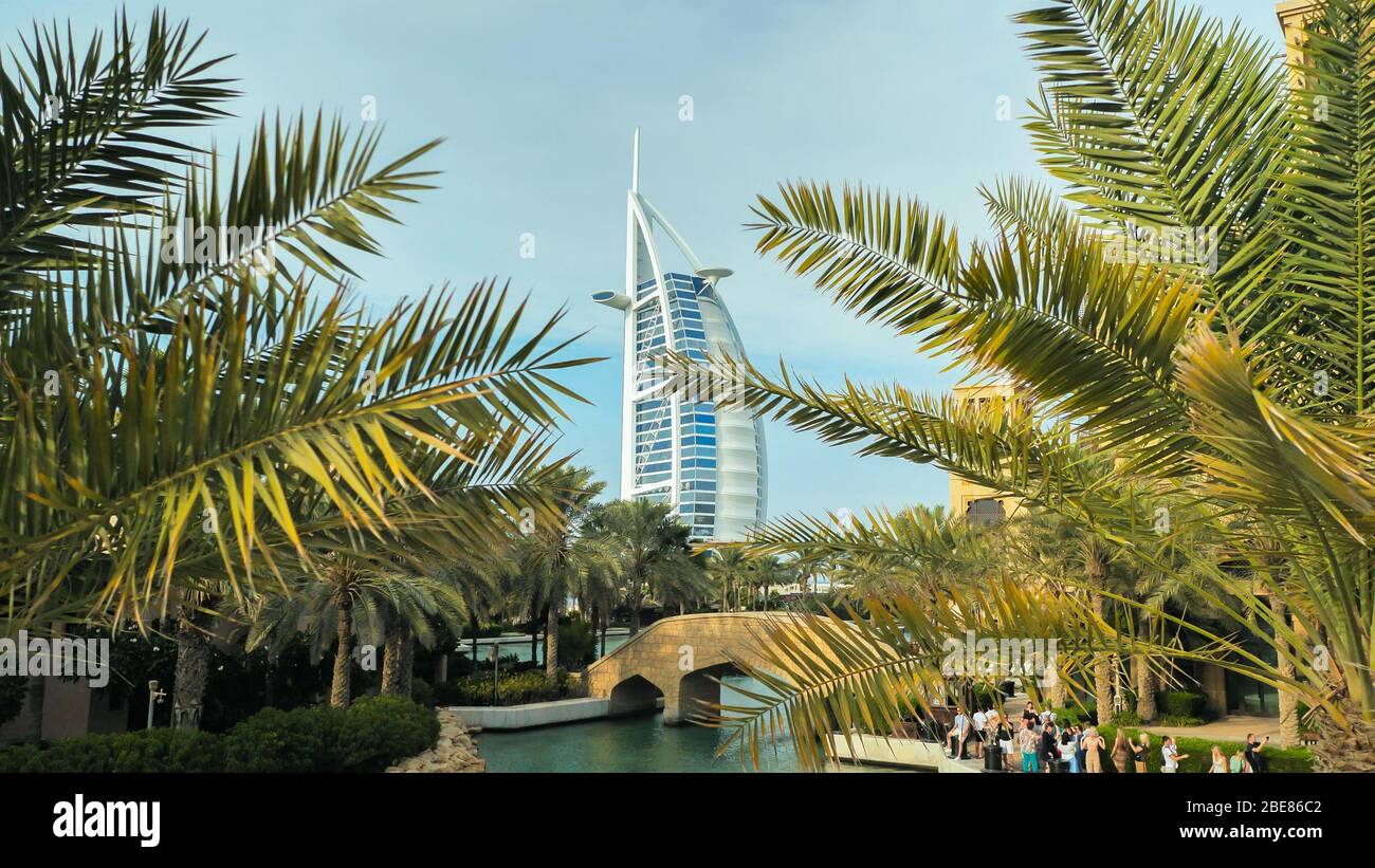 Dubai, UAE - December 14, 2019: Dubai Sail Hotel on the background of ...