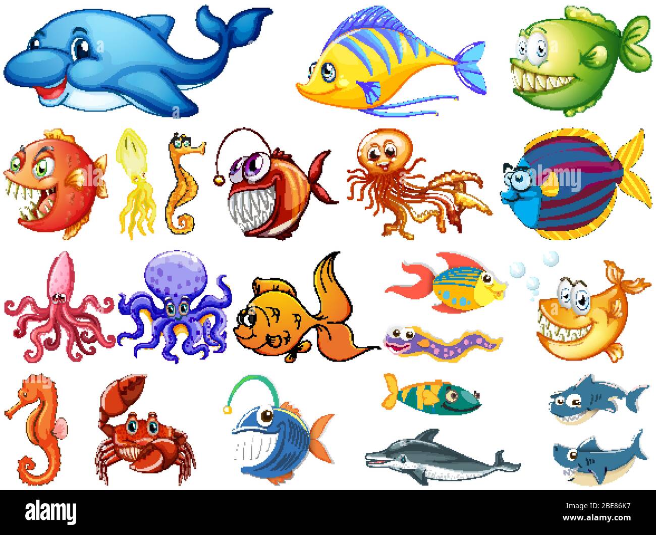 Large set of many sea creatures on white background illustration Stock ...