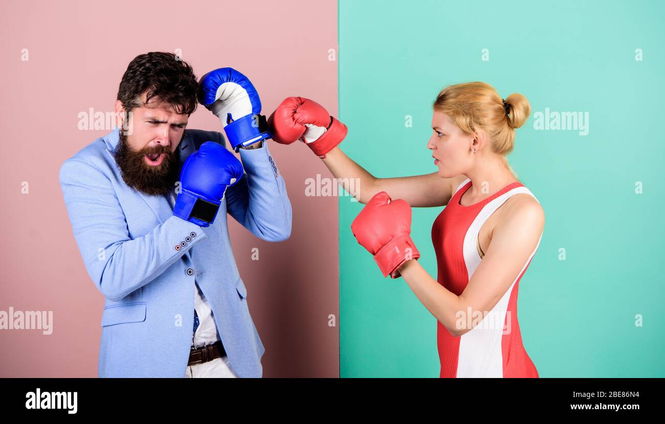 Couple romantic relationships. Man and woman boxing fight. Boxers ...