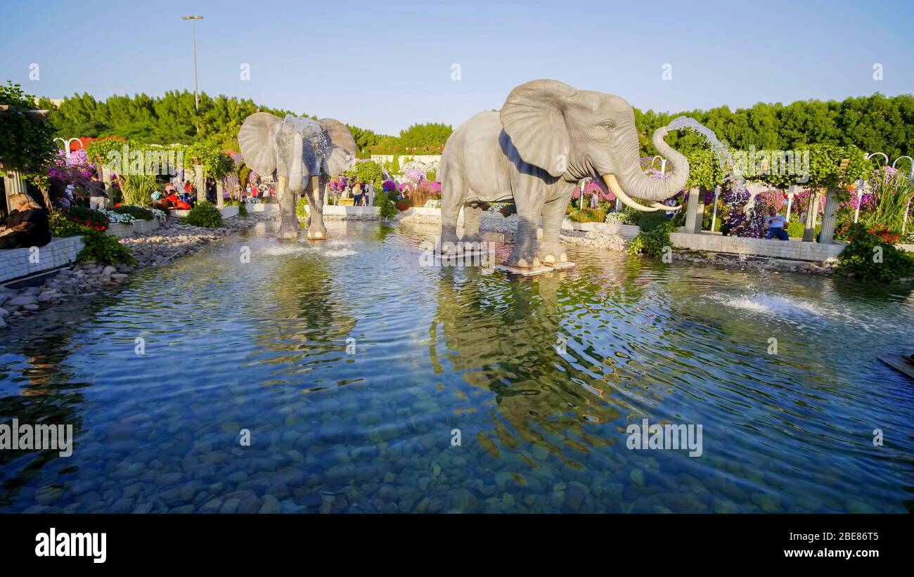 Dubai, UAE - December 14, 2019: Exposition of elephants in the garden ...
