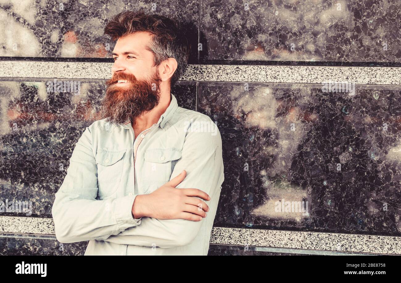 Beard grooming. Man attractive bearded hipster posing outdoors ...
