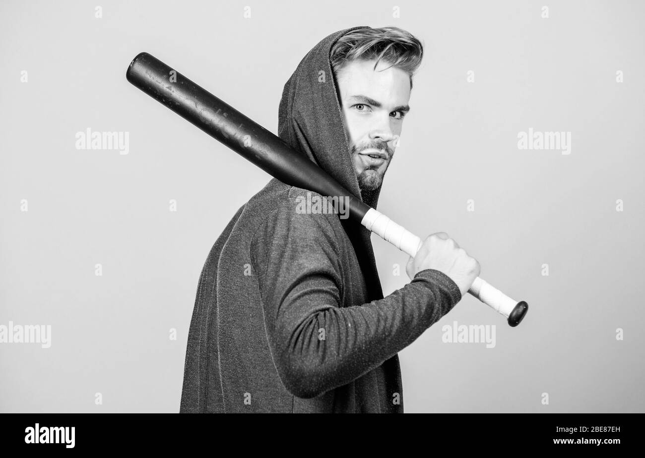 Man bully guy with baseball bat. Strong and confident. Self defence ...