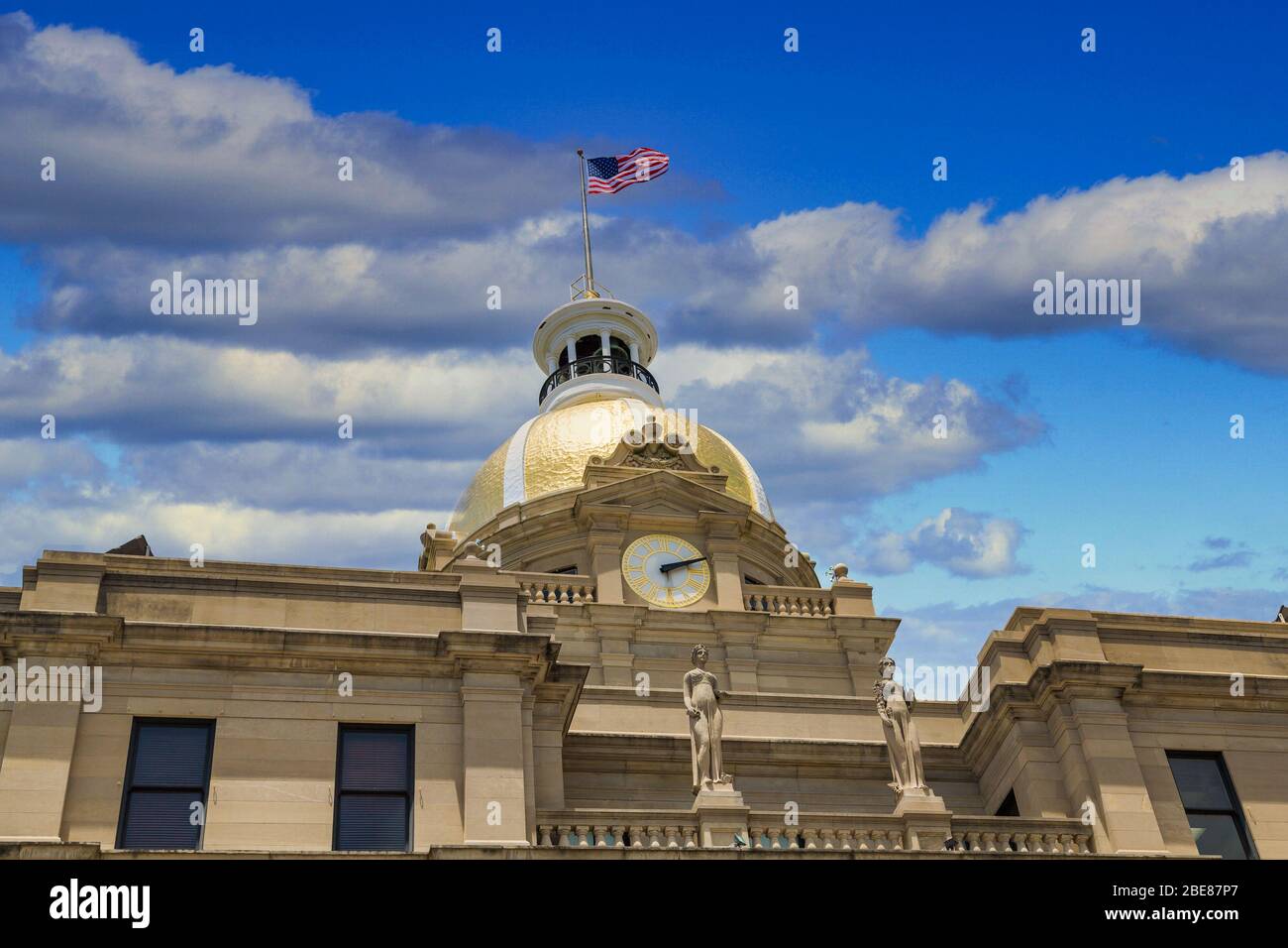 Classic old Savannah, Georgia City Hall with Gold Dome and American ...