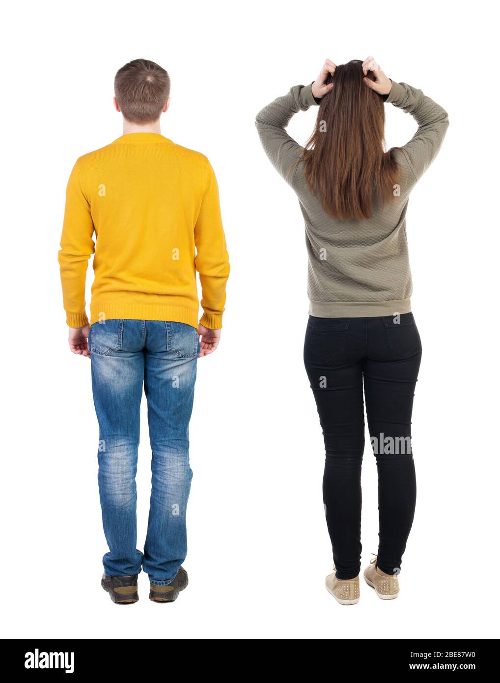Back view couple in sweater. beautiful man and woman. Rear view people ...