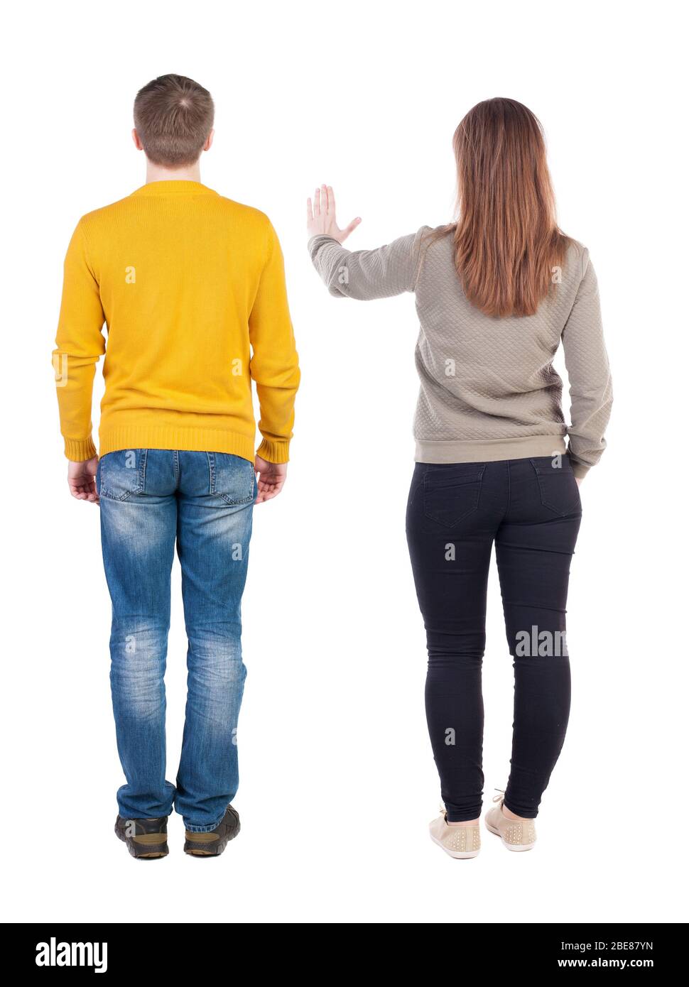 Back view couple in sweater. beautiful man and woman. Rear view people ...