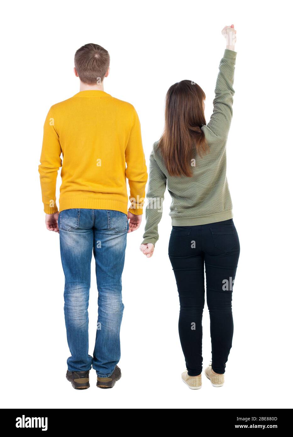 Back view couple in sweater. beautiful man and woman. Rear view people ...