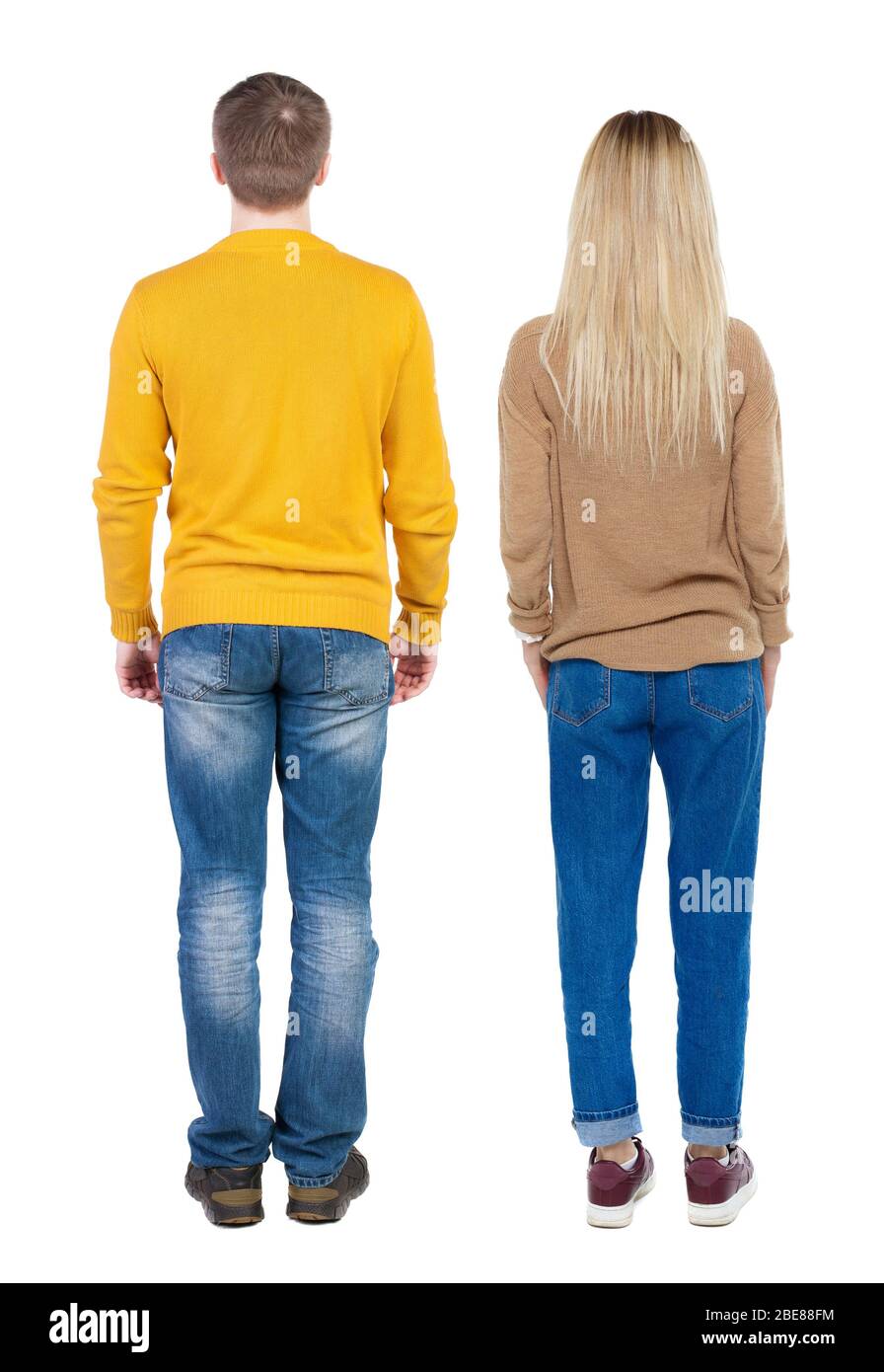 Back view couple in sweater. beautiful man and woman. Rear view people ...