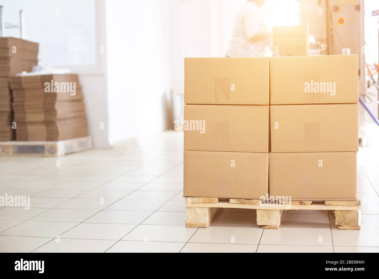 Boxes on a pallet with finished products of sunflower oil on the ...