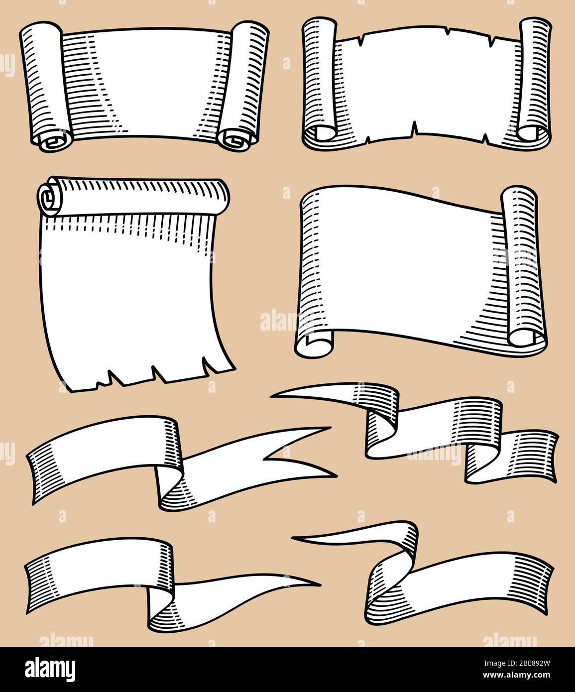 Vintage hand sketched scrolls and ribbon banners vector set. Vintage ...