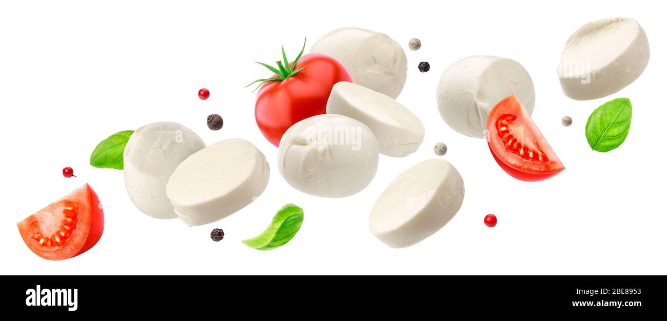 Falling mozzarella cheese isolated on white background Stock Photo - Alamy