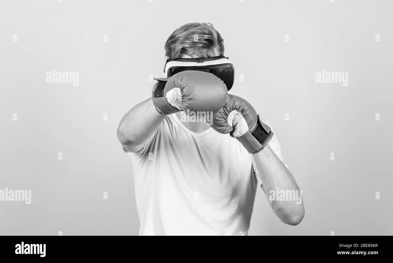 Explore cyber space. Cyber sportsman boxing gloves. Augmented 3D world ...