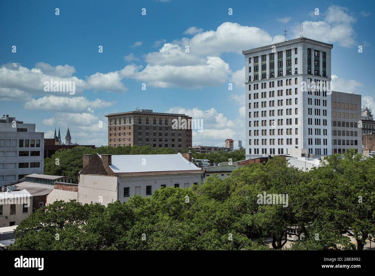 Old White stone buildings rising out of city full of trees Stock Photo ...